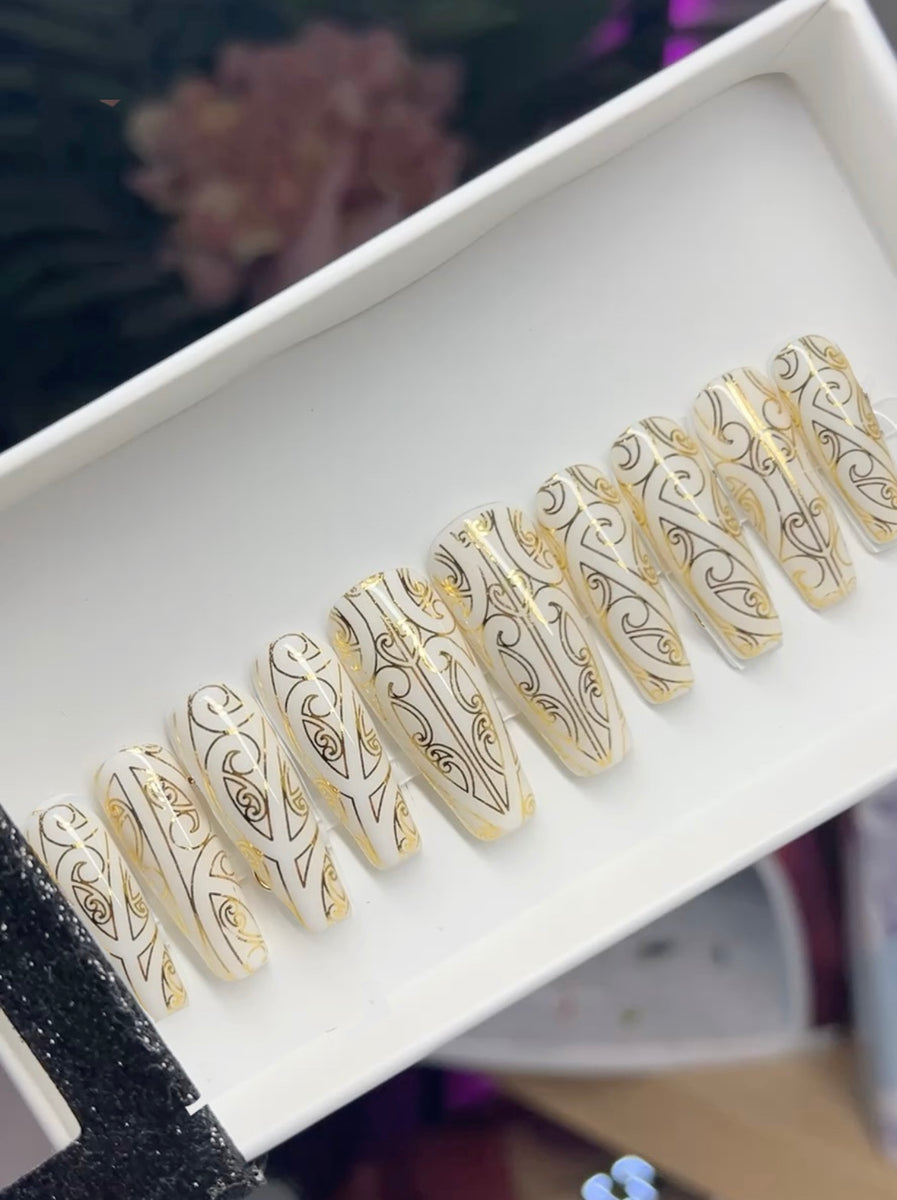 White & Gold | Maori Wedding Aesthetic | handmade press ons – Gemini Claws